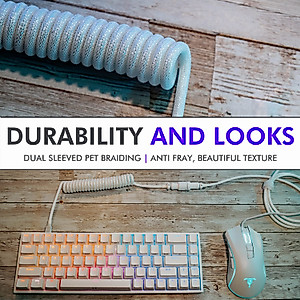 Tilted Nation Coiled USB C Cable for Mechanical Keyboard - Flexible but Tough - Detachable Aviator Coiled Keyboard Cable USB C - (5ft to 5.7ft Length) USB-A to USB-C Keyboard Coiled Cable - White