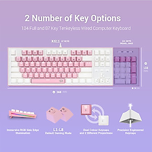 Redragon K611 Dual Color Keys Mechanical Gaming Keyboard Single White LED + RGB Side Edge Backlit 87 Key Tenkeyless Wired Computer Keyboard with Blue Switches for Windows PC (White + Pink)