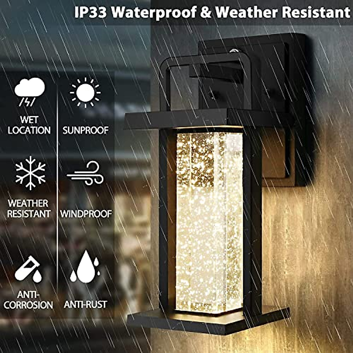 VDKK Modern Outdoor Wall Light Fixture,Dusk to Dawn Wall Mount for House with Bubble Crystal Glass,Black Front Porch Lights Waterproof 10W 480LM Integrated Sconce,3000K for House Patio