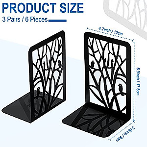 3 Pairs Metal Bookends for Shelves Decorative Tree Book Holder Leaf Bookends Geometrical Art Design Book Stopper for Book Divider Decorative Holder, Home, Office, School Supplies (Black, Tree Shadows)