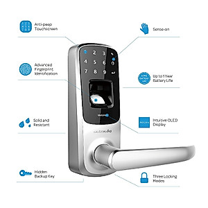 Ultraloq UL3 Fingerprint and Touchscreen Keyless Smart Lever Door Lock (Satin Nickel) | 3-in-1 Keyless Entry | Secure Finger ID | Anti-peep Code | Premium Construction Material | Match Home Aesthetics