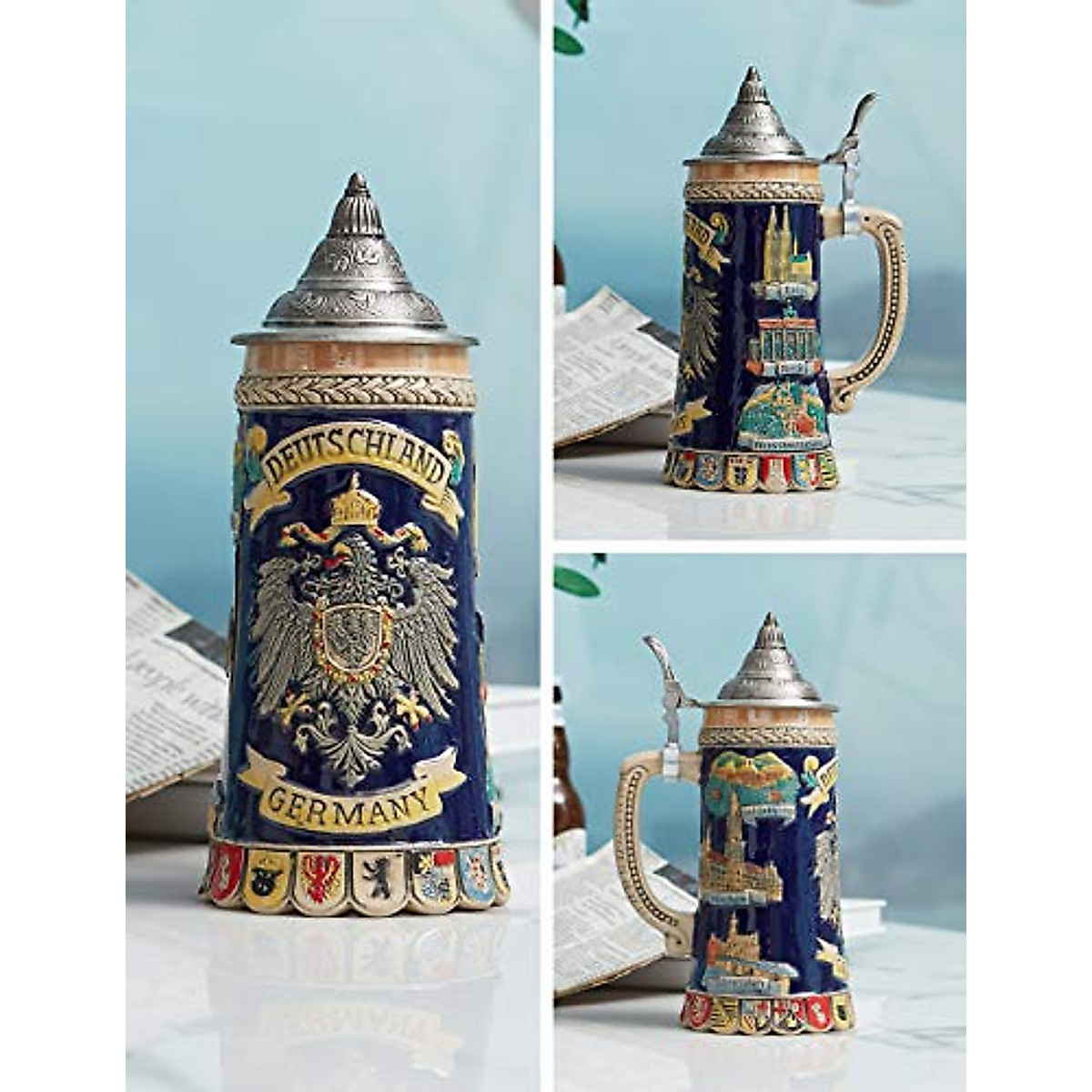 HAUCOZE Beer Stein Mug German Coats of Arms Stanley Viking Tankard with Petwer Lid Birthday Gifts 0.6Liter