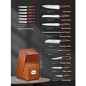 Knife Set with Block, 16 Pcs Stainless Steel Kitchen Knife Set with Sharpener & Wooden Block, Knife Block Set with Wood Handle, Chef, Santoku, Bread, Utility, Paring & Carving Fork Knife, Brown