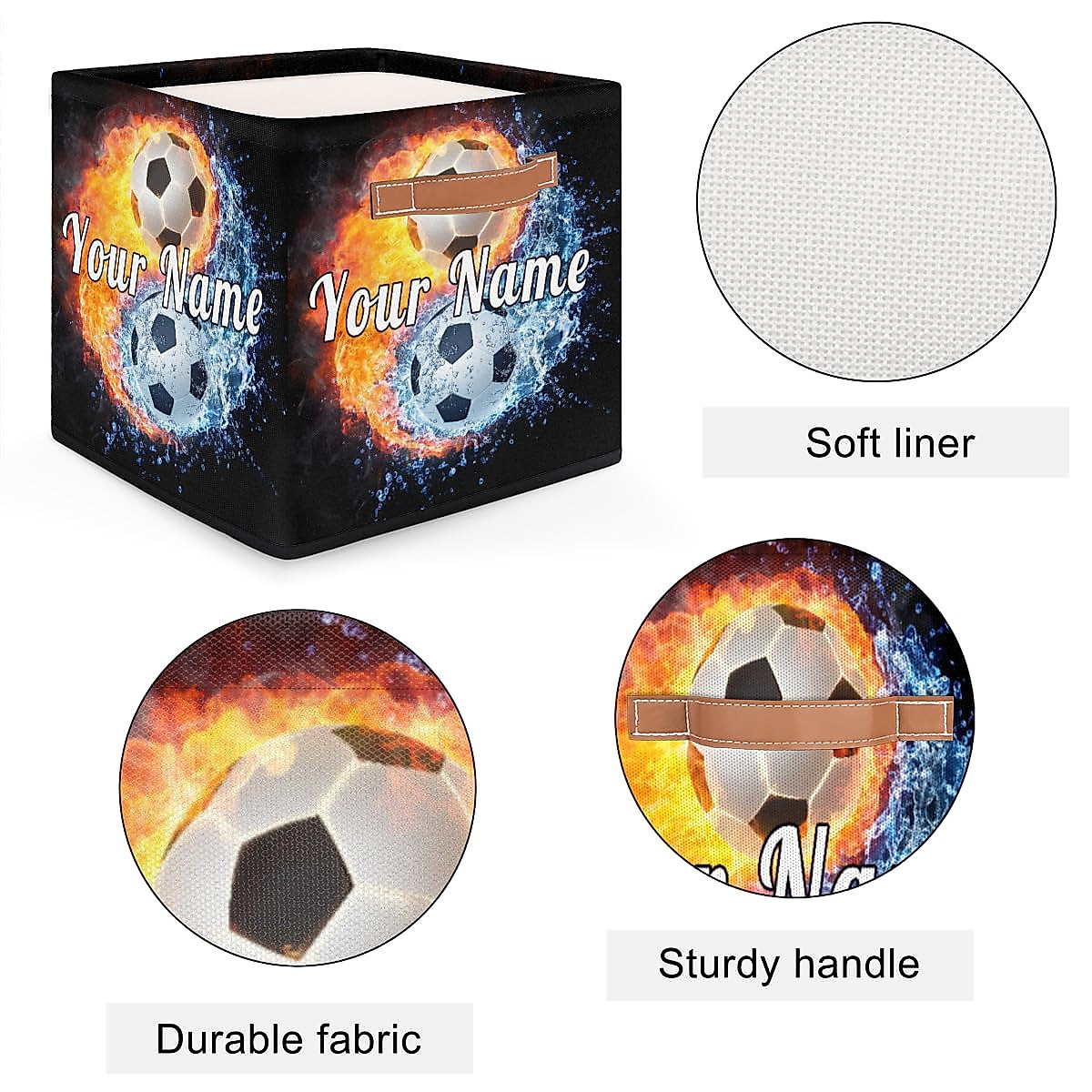 Personalized Storage Cube Bin with Name,Ice Fire Football Soccer Customize Storage Baskets with Handles,Laundry Toy Oraganizer for Closet Shelf Nursery Kids Bedroom