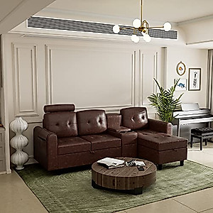 Olela L Shaped Couch, Faux Leather Modular Sectional Sofa Modern Convertible Storage Couches with Side Pocket Tufted Back for Living Room,Apartment (Brown PU)