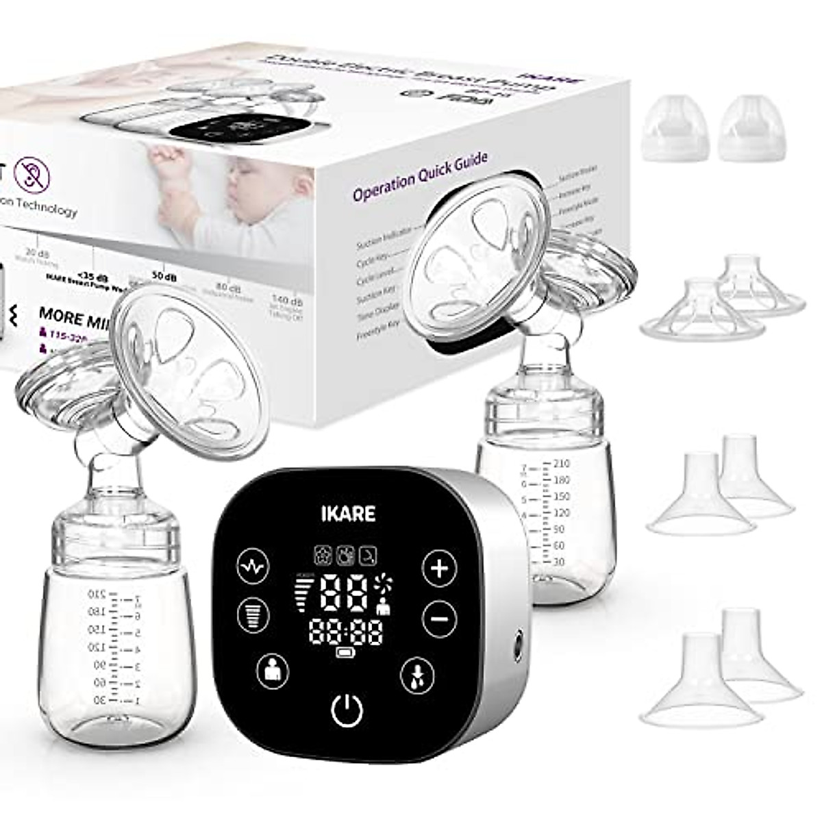 IKARE Hospital Grade Double Electric Breast Pumps Free-Style, 6 Modes & 150 Levels & 3 Size Flanges, Touchscreen LED Display, Pain Free Portable Breast Pump for Travel & Home, Super Quiet