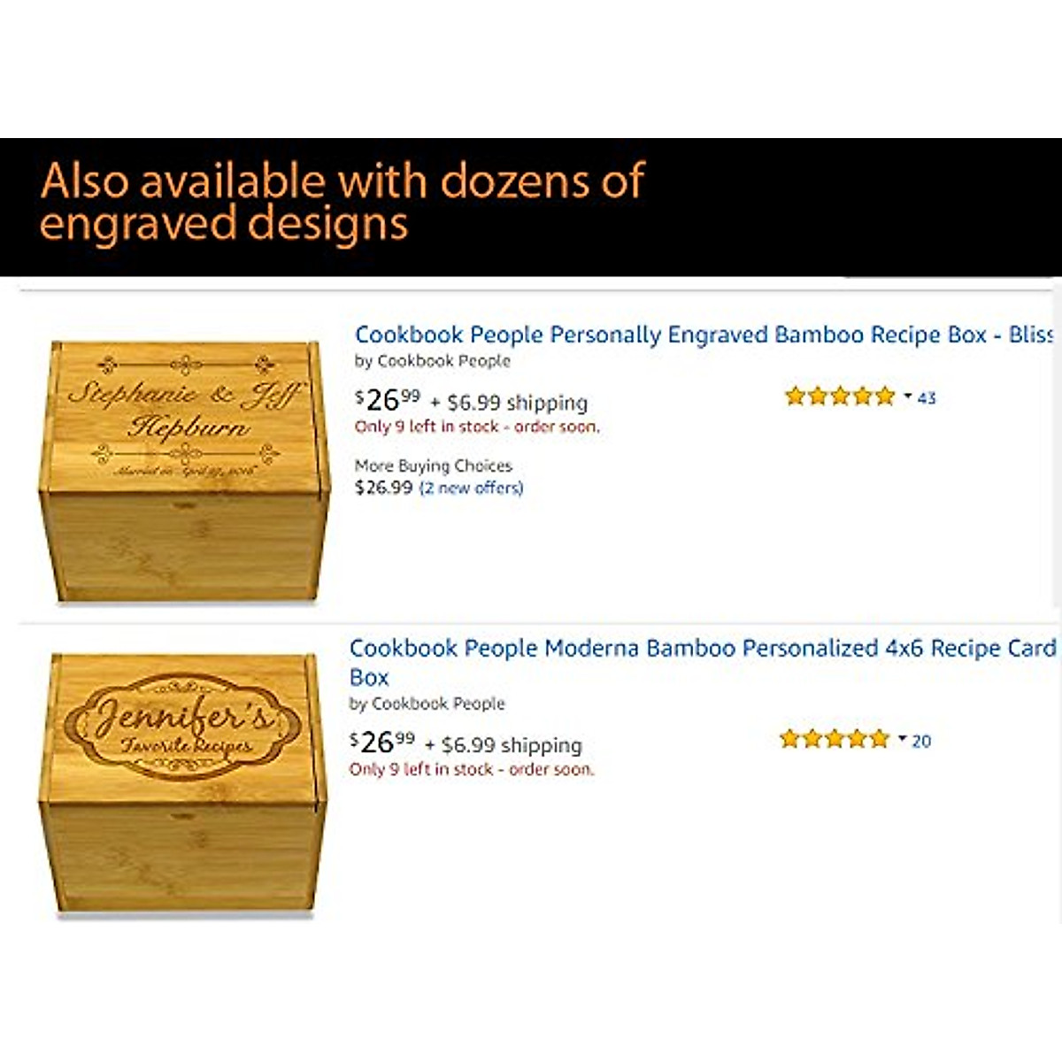 Cookbook People 4x6 Wooden Recipe Box Bamboo Wood Plain Lid - Up to 300 Cards - Includes Dividers