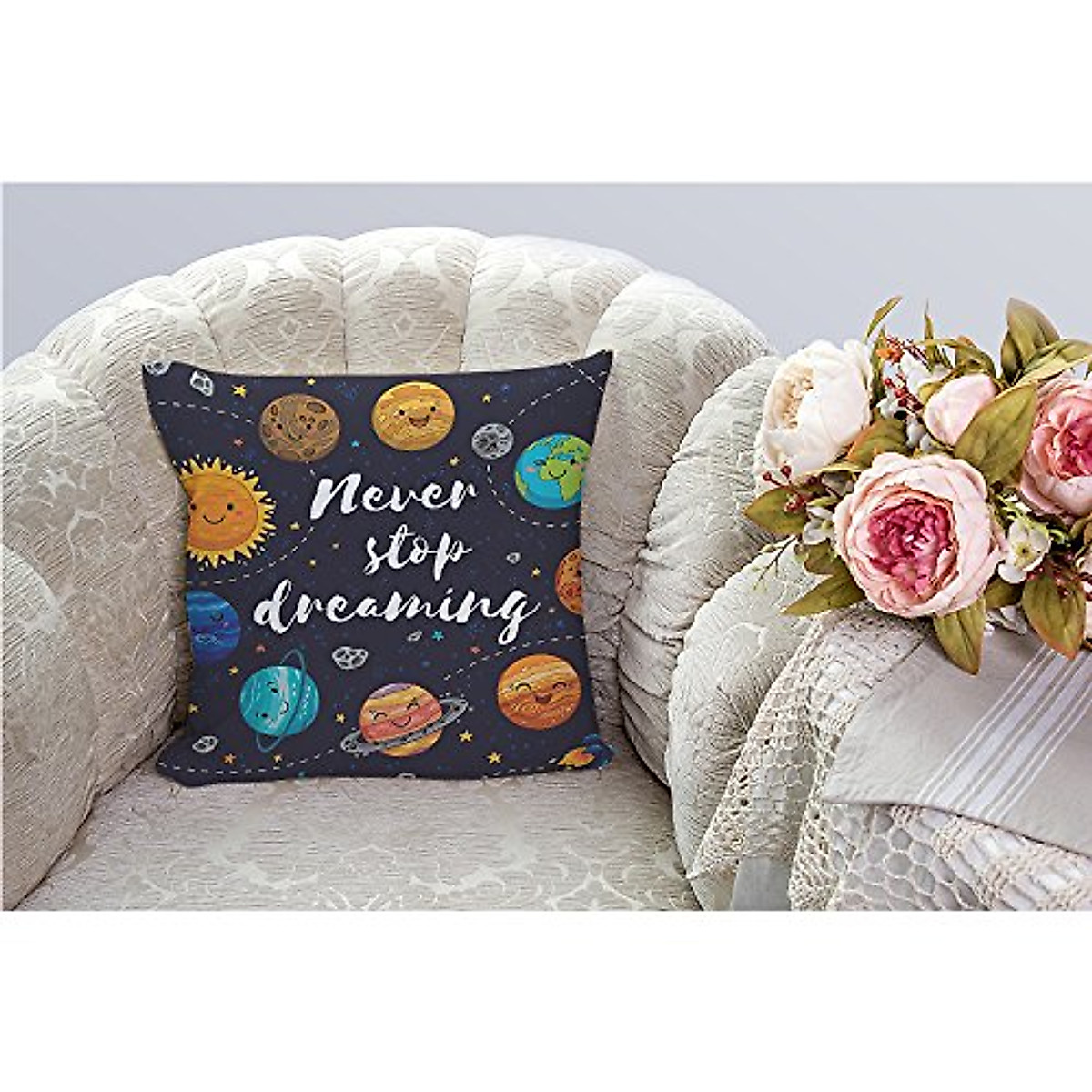 HGOD DESIGNS Outer Space Pillow Case, Cute Planets and Star Cluster Solar System Moon and Comets Sun Cosmos Cotton Linen Cushion Cover Square Standard Home Decorative Throw Pillow 18x18 inch Darkblue