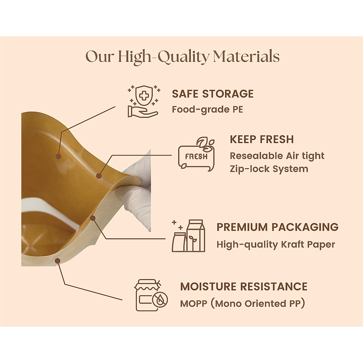 100PCS Stand Up Pouches with Window, Kraft Ziplock Pouch bags, 7"x 10.2", Reusable Stand Up Bags, Resealable & Heat Sealable Odor Free Food Storage Bag, Packaging for Small Business & Home Use [LEAF]