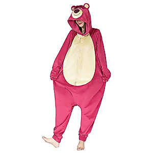 Ruleewe Unisex Bear Onesie Pajamas Pink Bear One Piece Cosplay Animal Hooded Velvet Jumpsuit Sleepwear