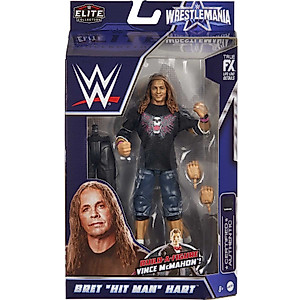 Mattel Bret “Hit Man” Hart WrestleMania Action Figure with entrance shirt & Vince McMahon Build-A-Figure Pieces, 6-in Posable Collectible Gift for Fans Ages 8 Years Old & Up