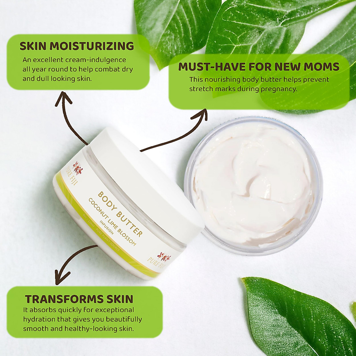 PURE FIJI Body Butter - Moisturizer Body Butter Cream - Face Cream and Body Lotion for Dry Skin with Natural Oils & Vitamin E, Body Butter For Women for Men,Coconut, 8oz