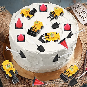 Yerliker 24 Pcs Construction Party Decoration Set Construction Cone Shaped Cake Candles 6 Construction Truck Excavator Cake Toppers 12 Plastic Shovel Shape Spoons for Kids Boy Birthday