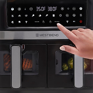 West Bend Air Fryer Dual Basket 10-Quart Capacity with Digital Controls View Windows and 15 Cooking Presets, Nonstick Frying Baskets, Dual Zone Features, 1600-Watts, Black