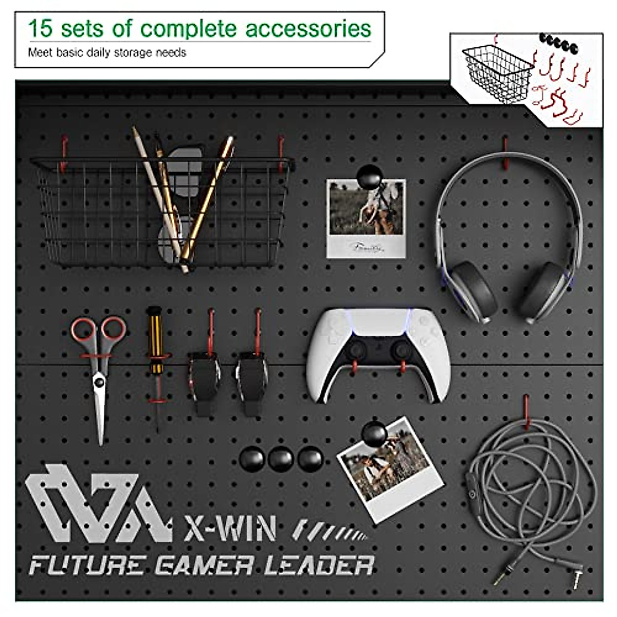 JWX DDB Gaming Standing Shelf Units, Home Office cabinets with Metal Pegboard and 15 Pieces Organizer Tool Holders