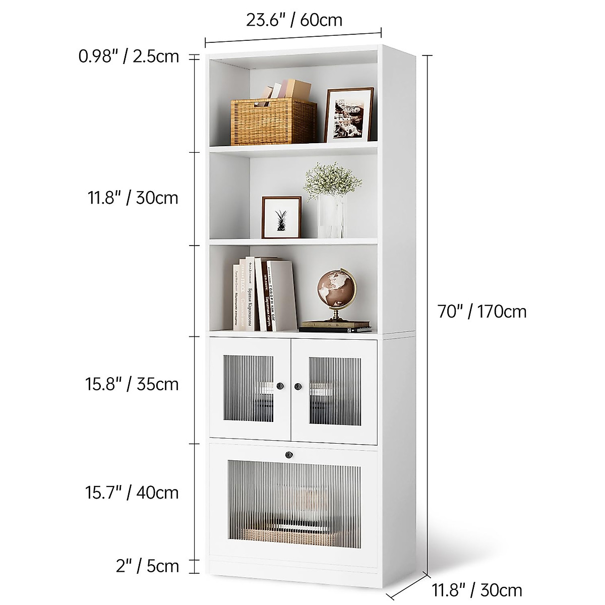 Seeday White Bookcase,5 Shelf Bookshelf and Bookcase with Acrylic Cabinet Doors,Modern Bookcase for Home, Office, and Living Room