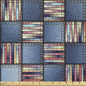 Lunarable Geometric Fabric by The Yard, Quilt Design with Scraps of Denim and Knit Graphic Colorful Melange Print, Stretch Knit Fabric for Clothing Sewing and Arts Crafts, 2 Yards, Blue Color