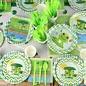 Frog birthday Party Decoration, Frog Party Supplies Tableware Includes Paper Plates, Balloons and HAPPY BIRTHDAY Banner for Green Frog Camping Baby Shower Kids Birthday Dinnerware Party, Serves 20