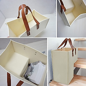 Stair Basket Leather Handles 16' ' Staircase Baskets Carpeted Wooden Stairs Made of 4mm Premium Felt Stair Organizer Laundry Basket Basket Stairs Foldable Staircase Basket, Beige (SBK01-HF-16)