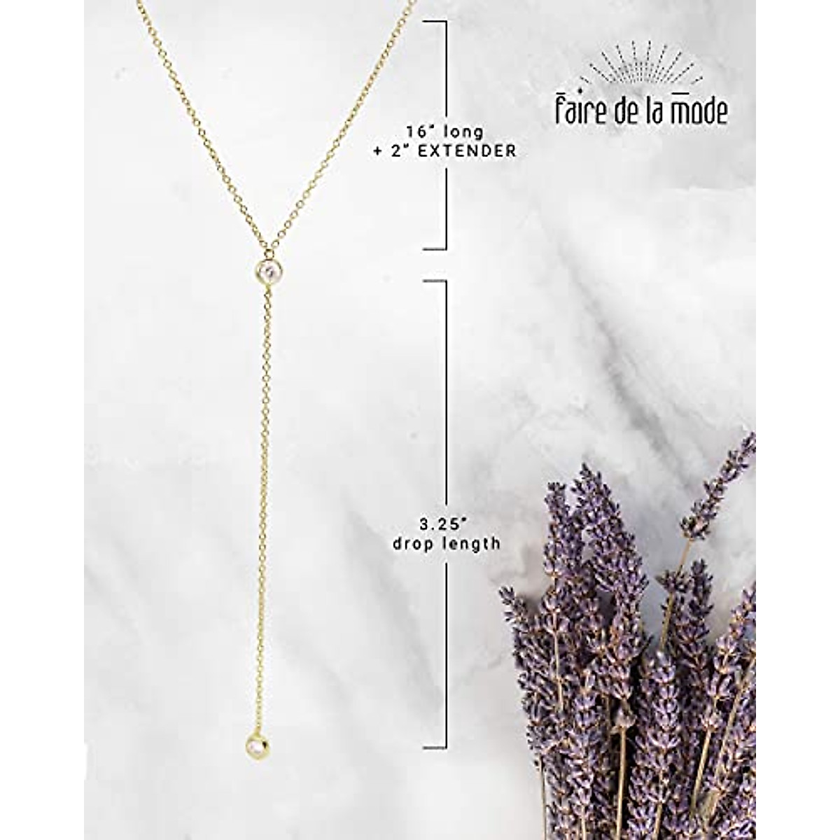 Dainty Drop Gold and Sterling Silver Adjustable Lariat Necklace for Women with Diamond, Simple Y Necklace Choker (Gold, Double CZ Lariat)