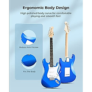 Electric Guitar 39 Inch Full Size Electric Guitar Beginner Starter Kit Bundle with Folding 10W Amp for Adults Teens,Metallic Blue, by Vangoa