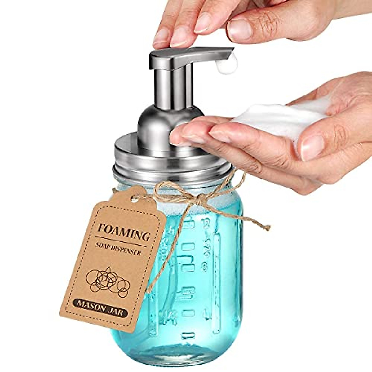 Amolliar 4pcs & 4pcs Brushed Nickel Mason Jar Bathroom Accessories Set - 2 Foaming Soap Dispenser&2 Qtip Holders&2 Cotton Swab Holder&2 Toothbrush Holder-Rustic Farmhouse Decor