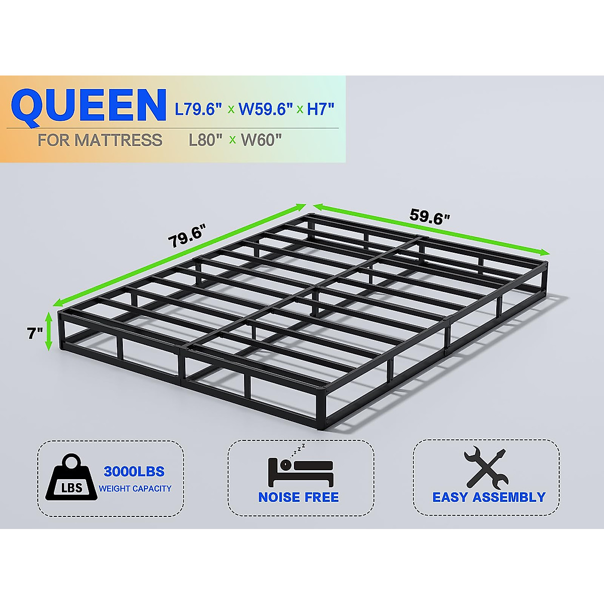 AROMUSTIME 7 Inch Box Spring Queen,Black Heavy Duty Metal Mattress Foundation/Easy Assembly/Non-Slip/No Noise/Easy Clean Fabric Cover