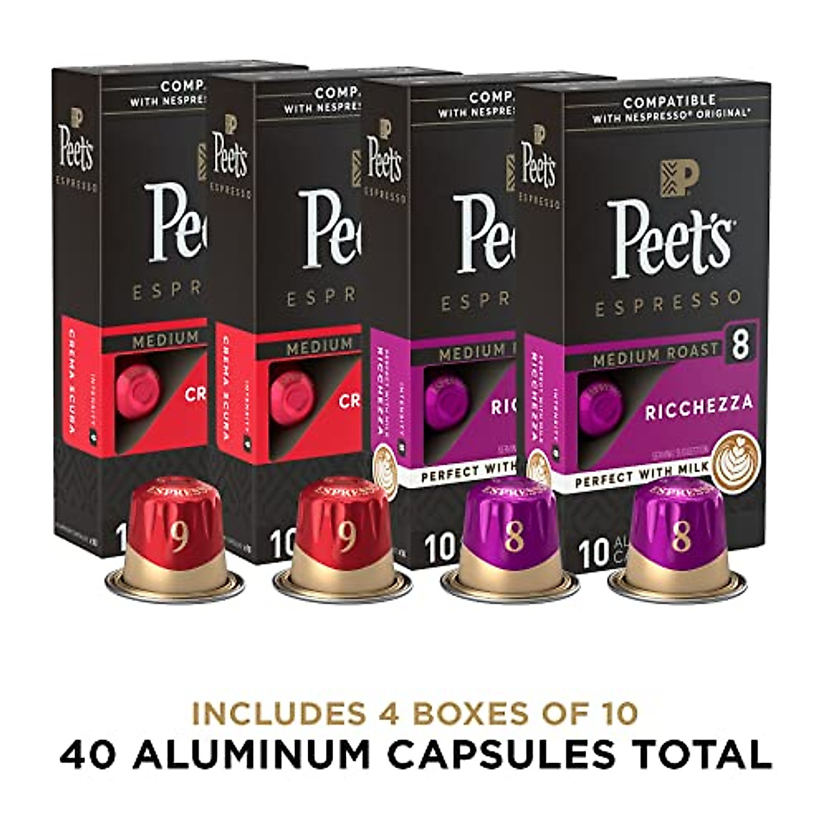 Peet's Coffee, Medium Roast Espresso Coffee Pods Variety Pack, Compatible with Nespresso Original Machine, Intensity 8-9, 40 Count (4 Boxes of 10 Espresso Capsules)