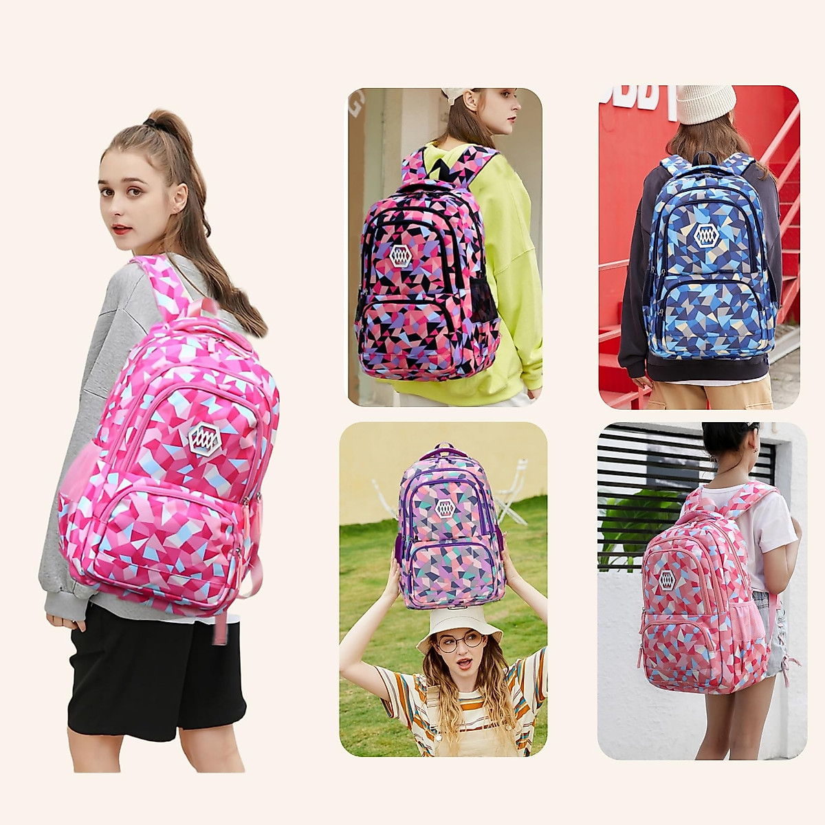 Geometric-Print Backpack School-Bag for Girls-Boys Middle-School Elementary Bookbags, Backpack for Girls 10-12