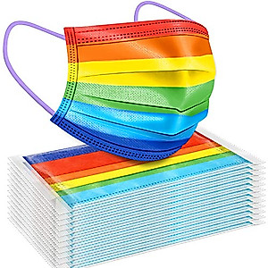 50PCS Disposable Face Mask Rainbow Colors 3-Layer Individually Wrapped Soft Elastic Earloop Nonwoven Fabrics (Random Rainbow Patterns & Colors)