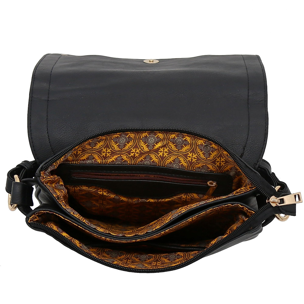 ALYSSA Double Compartment Large Flapover Crossbody Bag with Colorblock Straps (Black/Brown)