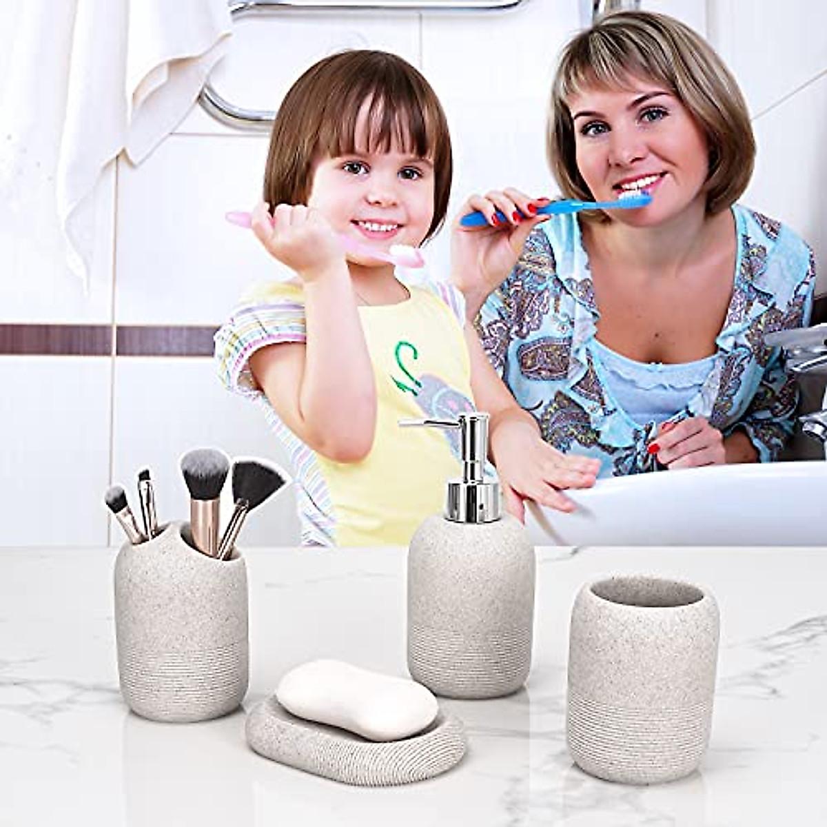 L'ARL GMVOI Bathroom Accessory Set,4 Piece Bathroom Decor Accessories Sets Complete with Soap Dispenser,Toothbrush Holder,Bathroom Tumbler,Soap Dish for Bathroom Vanity Countertop Accessories,Beige