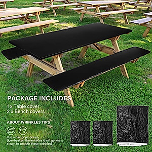 3 PCS Picnic Table and Bench Fitted Tablecloth Cover for 6 Ft Table 30 x 72 Inch Vinyl Fitted Elastic Edges Waterproof Wipeable Tablecloth for Indoor Outdoor Travel Picnics Patio Camping (Black)