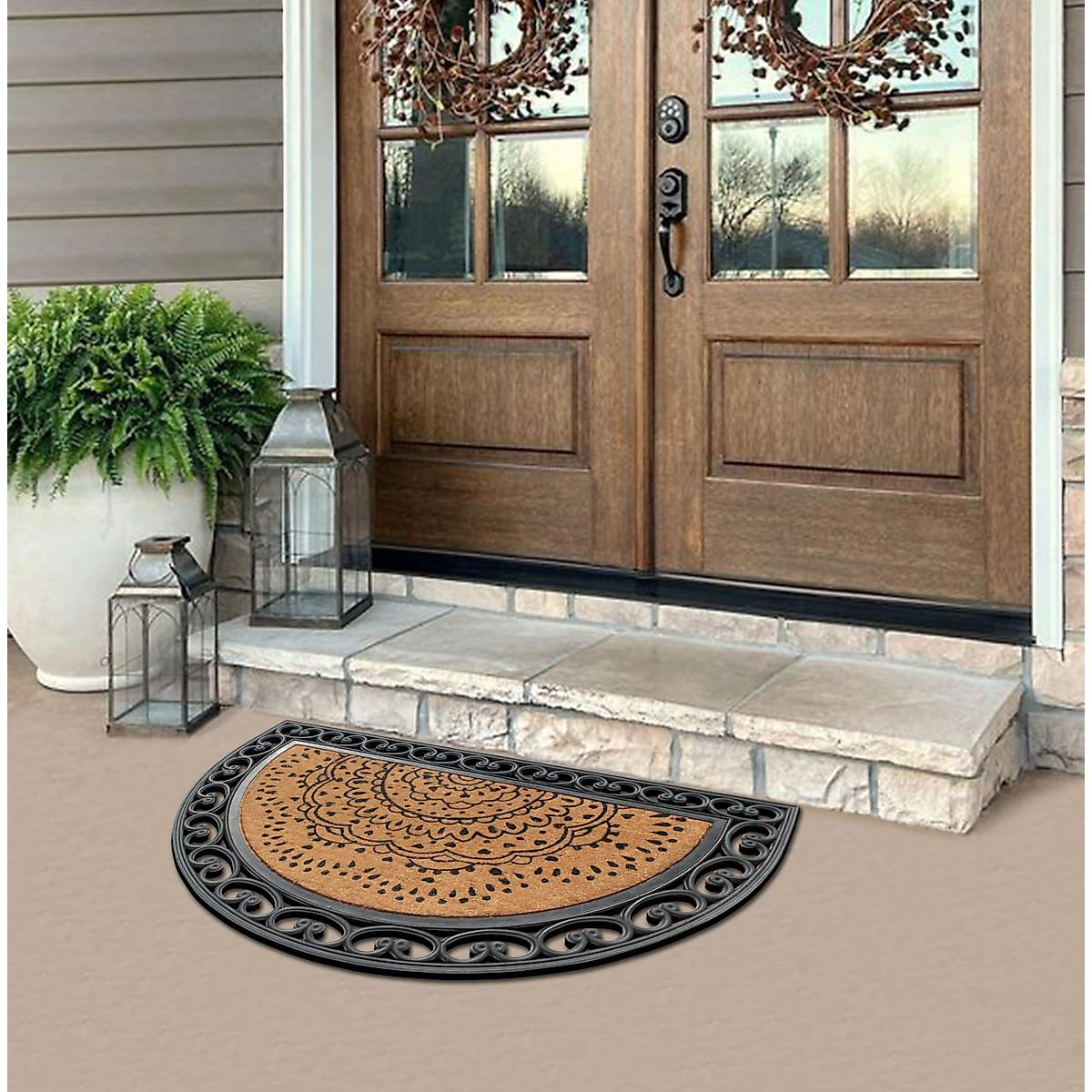 A1 Home Collections A1HOME200131 Heavy Duty Welcome Doormat A1HC Natural Coir & Rubber Round Door Mat, 30" X 48", Half Circle Paisley Black