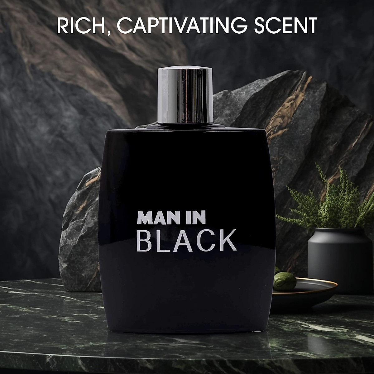 NovoGlow Man in Black for Men - Luxurious Aroma in Each 3.4 fl Oz Black Glass Bottle - Top Notes of Bergamot and Pineapple Formulated with Essential Oils - Fantastic Gift Choice - Grey Suede Pouch