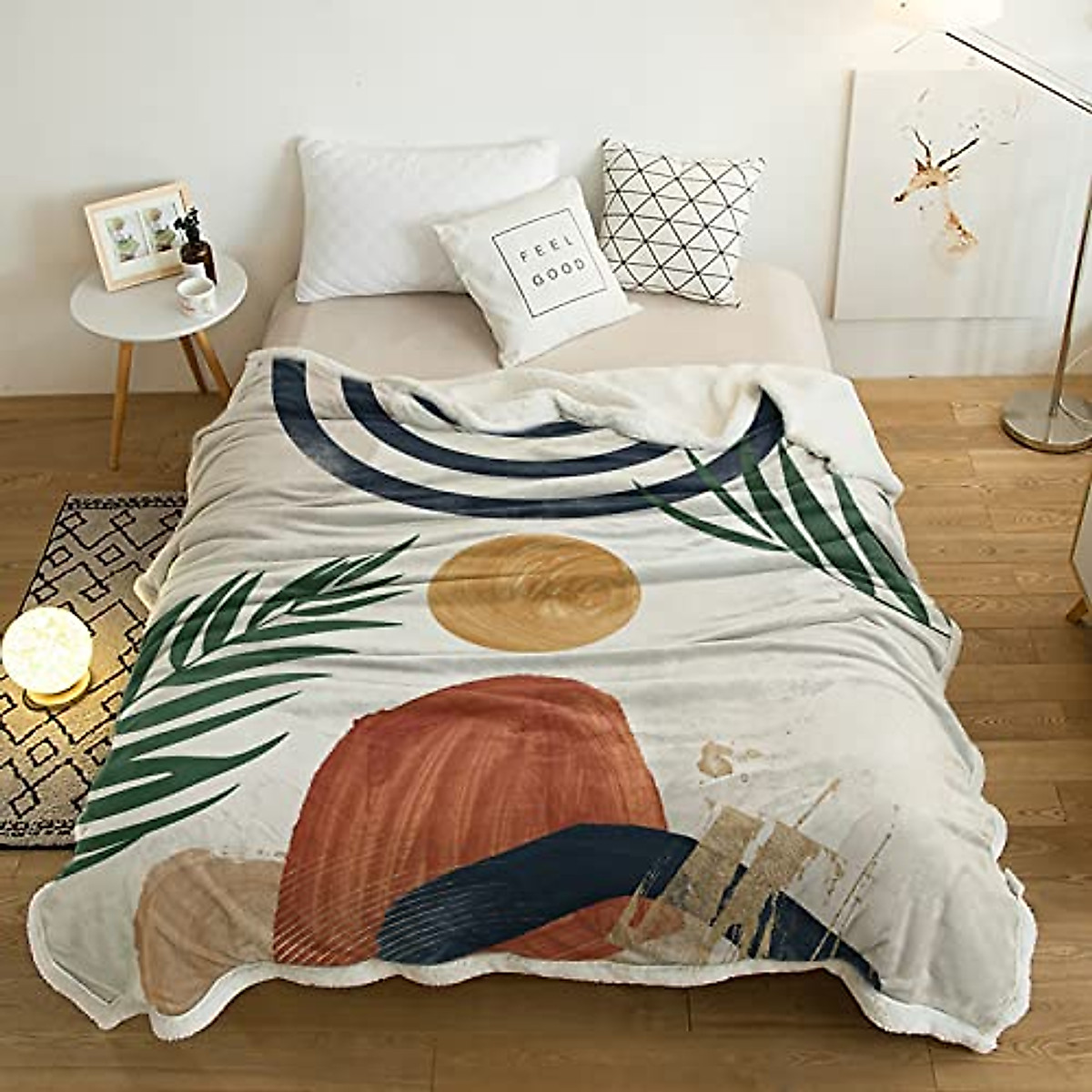 Mid Century Sherpa Flannel Throw Blankets,Boho Abstract Leaf Thick Reversible Plush Fleece Blanket for Bed Couch Sofa,Geometric Minimalist Aesthetic Ultra Soft Comfy Warm Fuzzy TV Throws 40x50in