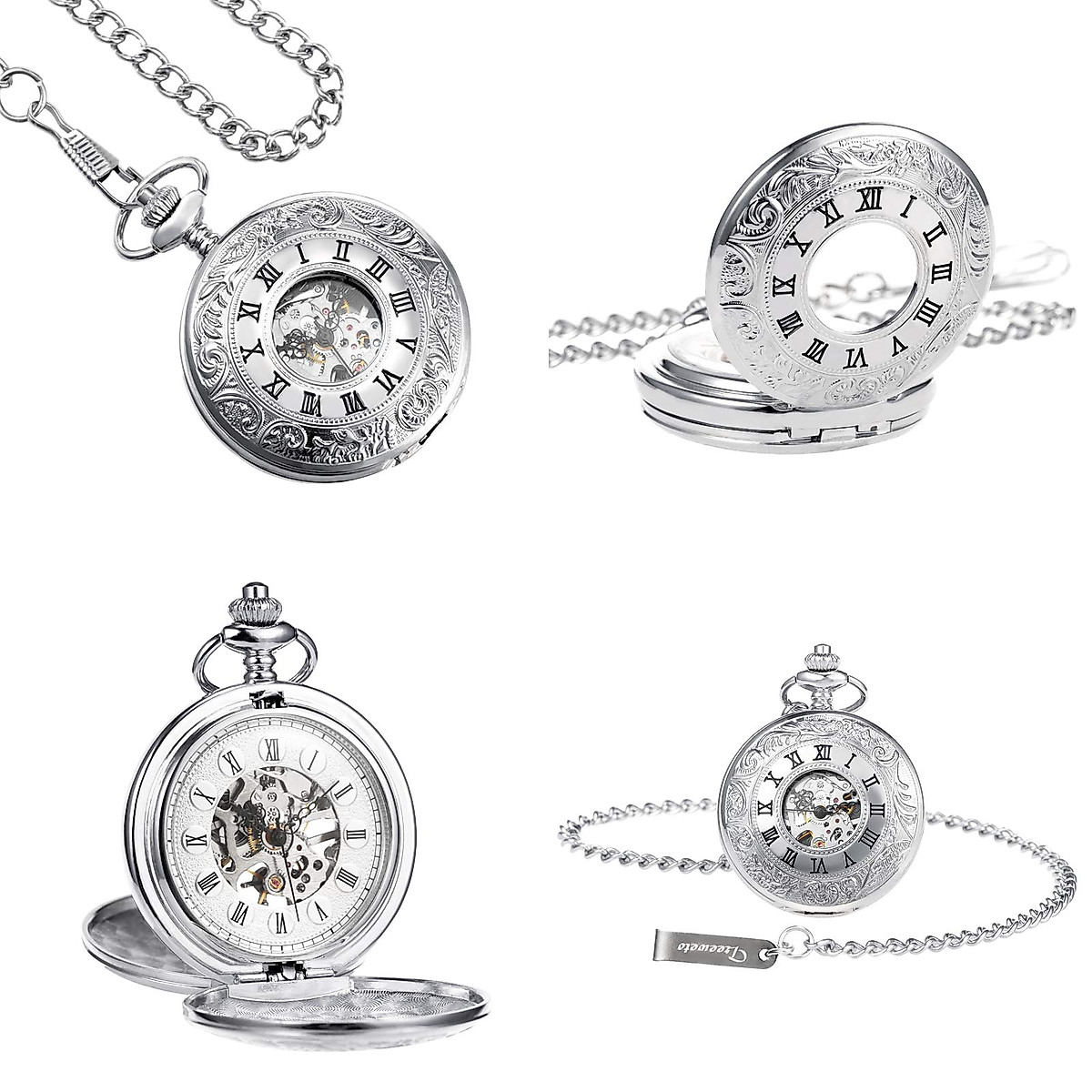 TREEWETO Antique Mens Pocket Watch Skeleton Mechanical Half Hunter Silver Case Roman Numerals