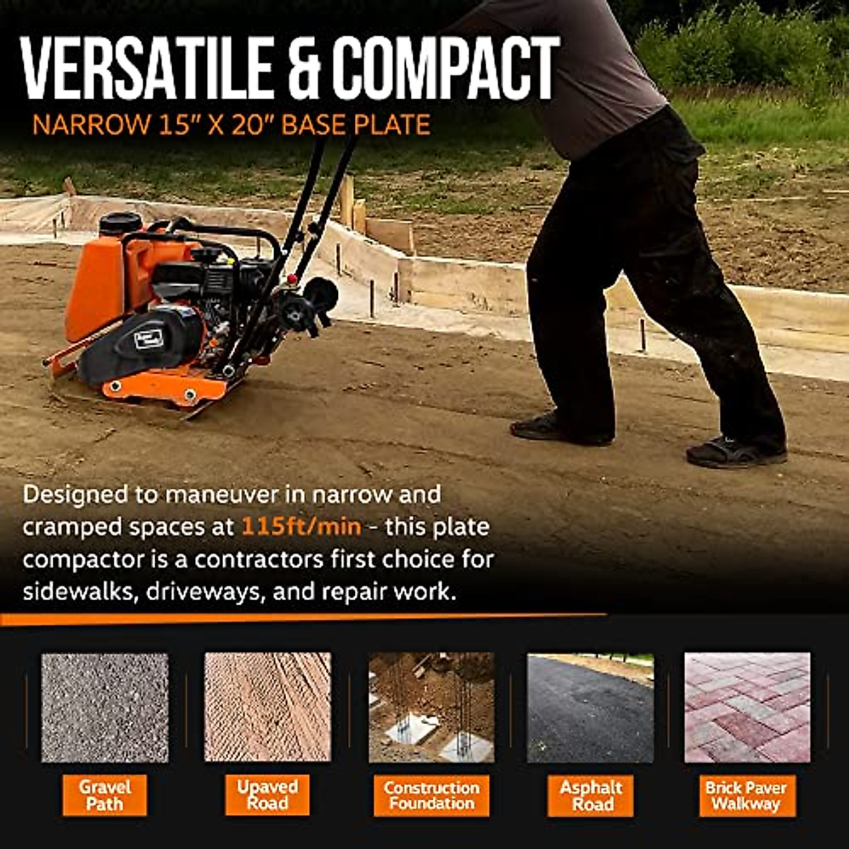SuperHandy Plate Compactor Heavy Duty 7HP 4200lbs Impact Force - w/Water Tank for Concrete and Dirt