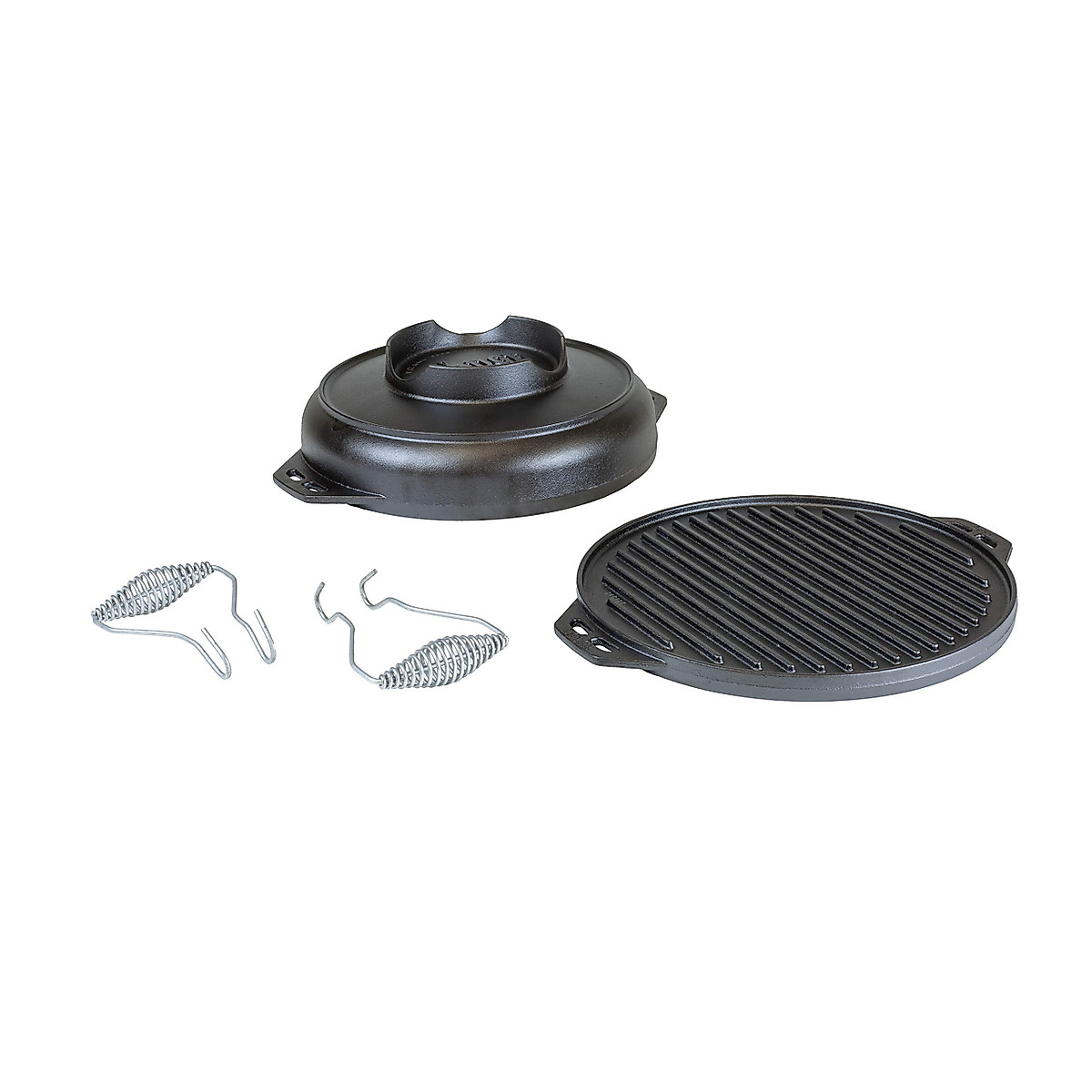 Lodge Cast Iron Cook-It-All Kit. Five-Piece Cast Iron Set includes a Reversible Grill/Griddle 14 Inch, 6.8 Quart Bottom/Wok, Two Heavy Duty Handles, and a Tips & Tricks Booklet.