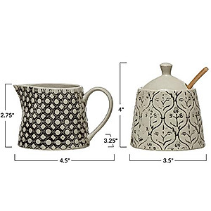 Creative Co-Op 6 oz. Hand-Stamped Stoneware Creamer Sugar Jar with Spoon Sugar & Creamer, 8.25", Black & Cream