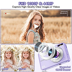 Hauyince Digital Camera, Kids Camera with 16X Zoom, FHD 1080P 44MP Point and Shoot Digital Cameras with 32GB Card, 2 Batteries, Lanyard, Small Compact Travel Camera for Kids,Teens Boys Girls, Purple