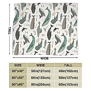 Flannel Plush Novelty Throw Blanket, Whale Song Cartoon Style Underwater Creature Seahorse Dolphin Throw for Fall Party, Air Conditioning Blanket and Large Hypoallergenic 60 x 50 Inch