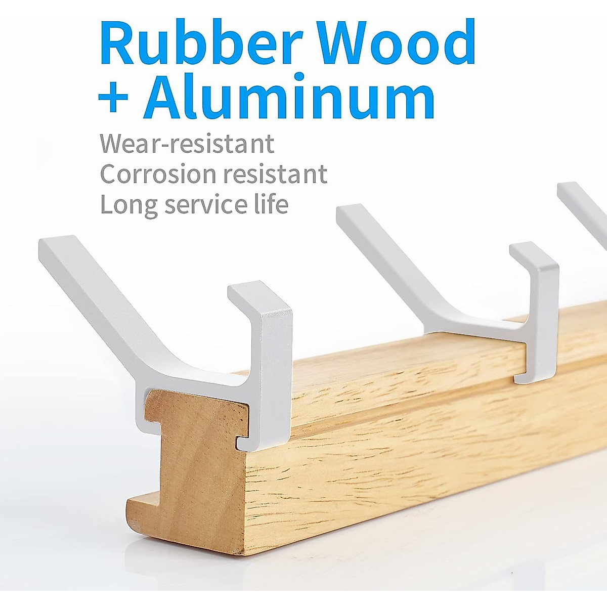 Generic Moderm Wall-Mounted Coat Hook Rail with 5 Double Hooks, 15-Inch Aluminum and Metal for Coats, Hats, Towels, and Robes (White). Natural Wood (Lacquer Coating); Hook: Aluminum (x 5)