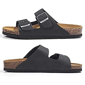 FITORY Mens Sandals, Arch Support Slides with Adjustable Buckle Straps and Cork Footbed Black Size 8