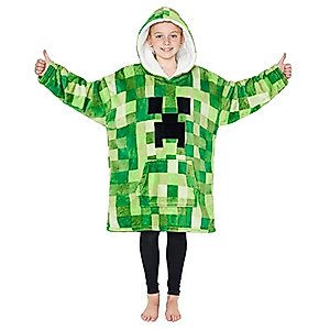Minecraft Fleece Hoodie Blanket for Kids and Teenagers One Size Kids Fleece Poncho with Sherpa-Lined Hood Gifts for Gamers (Light Green)