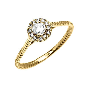 10k Yellow Gold Dainty Halo Diamond and Solitaire White Topaz Rope Design Promise Ring(Size 8)