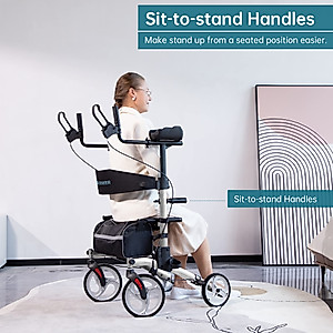 ELENKER Upright Walker, Stand Up Folding Rollator Walker with 10” Front Wheels Backrest Seat and Padded Armrests for Seniors and Adults, Silver