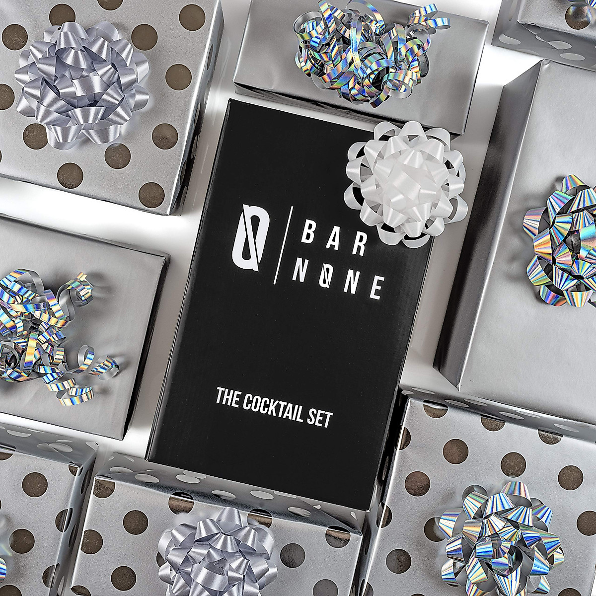 BAR NONE The Cocktail Set | 12-Piece Stand Bar Set Exquisite Quality Bartender Kit Tools | Martini Shaker Jigger Shot Muddler Spoon Ice Tongs Corkscrew Knife Bottle Opener Pourers (Stainless Steel, 1)