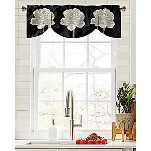 Semi Sheer Valance Adjustable Kitchen Valance for Windows, Abstract White Flower with Gold Border Black Valances for Bathroom Bedroom Living Room, Tie-up Rod Pocket Decorative Window Curtain 54"x18"