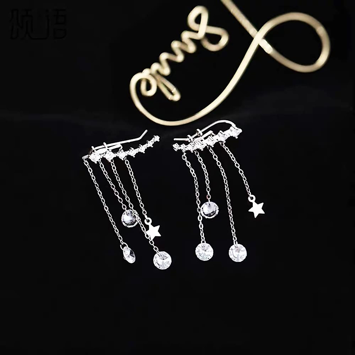 Reffeer Solid 925 Sterling Silver Crawler Earrings Tassel Chain Dangle for Women 7 Crystal Cuff Earrings Chain Wraps Climber